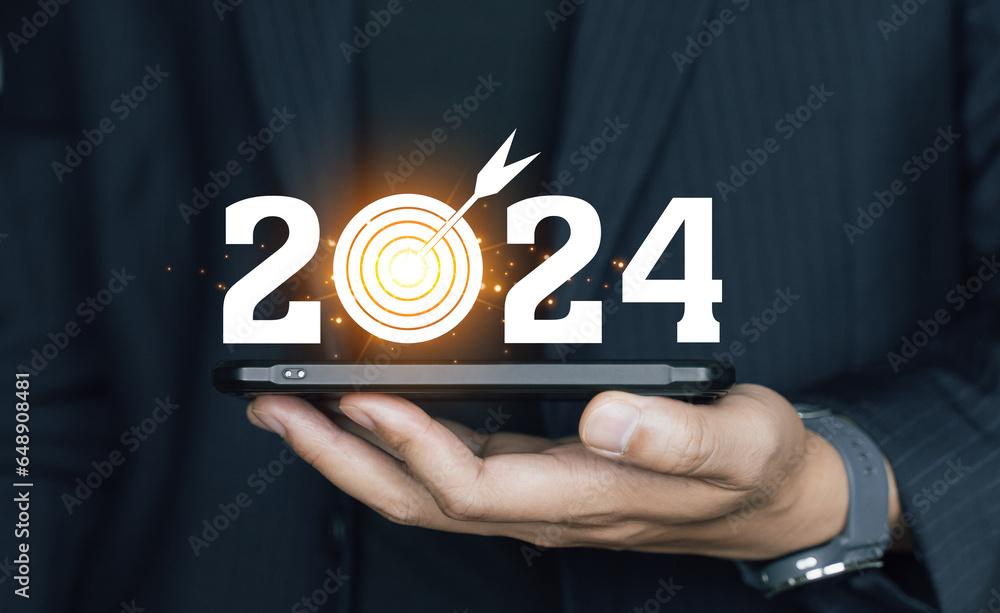 Happy new year 2024, People touch 2024 on visual screen. New Goals ...