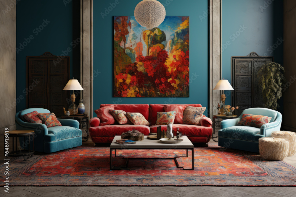 bohemian design, a living room with blue couches and coloured rugs, in ...