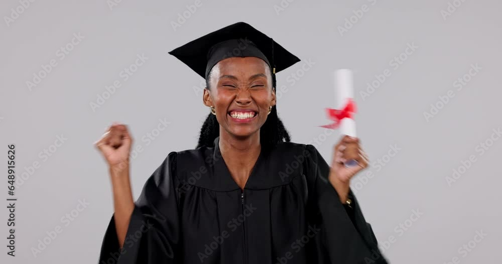 Excited black woman, graduation and celebration with certificate ...