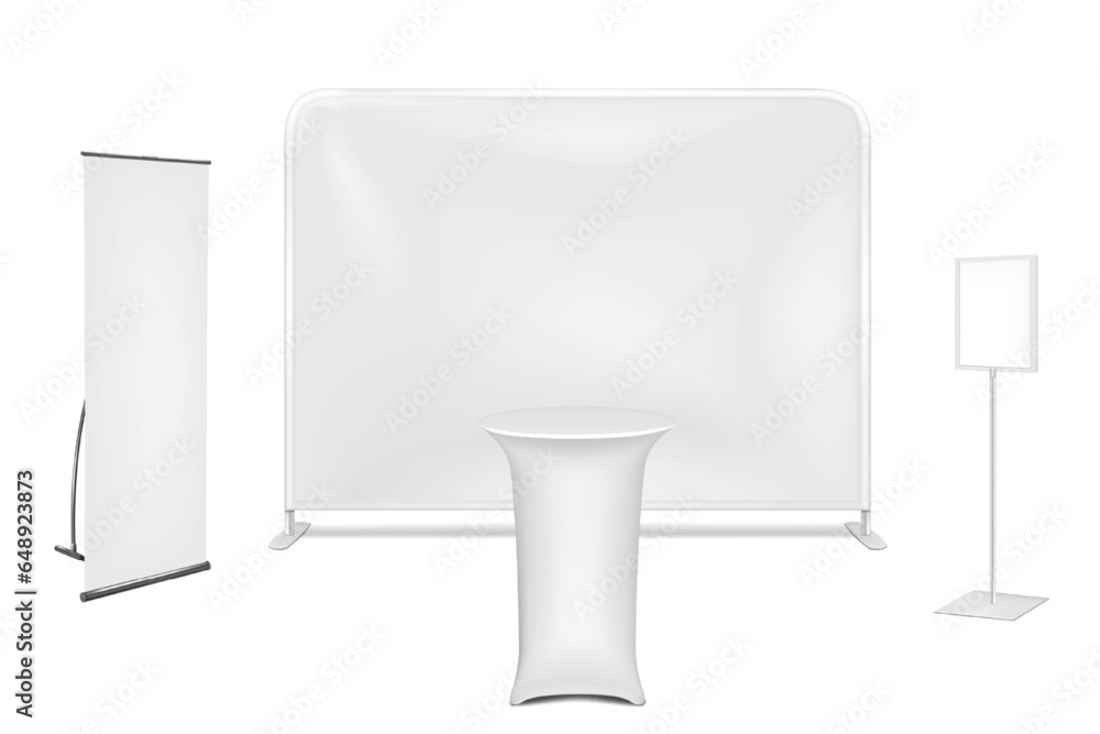 Exhibition set template. Blank white cocktail table, L-banner stand ...
