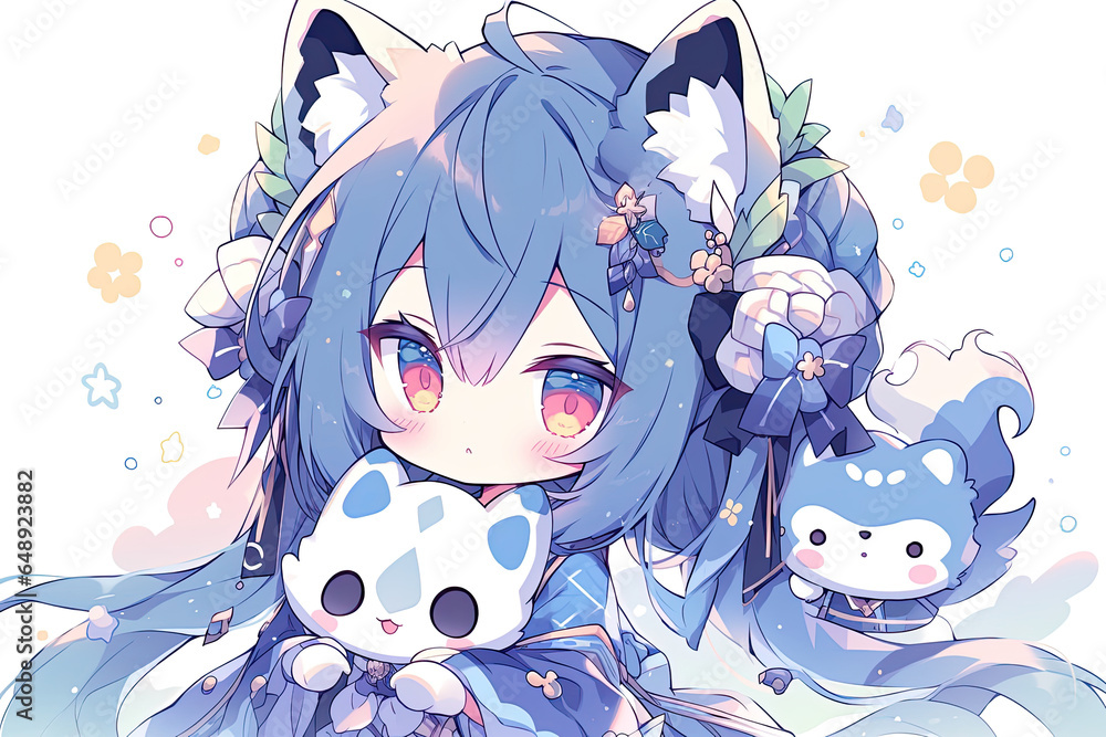 Chibi Anime Girl With Oversized Eyes And Cute Animal Companion Stock ...