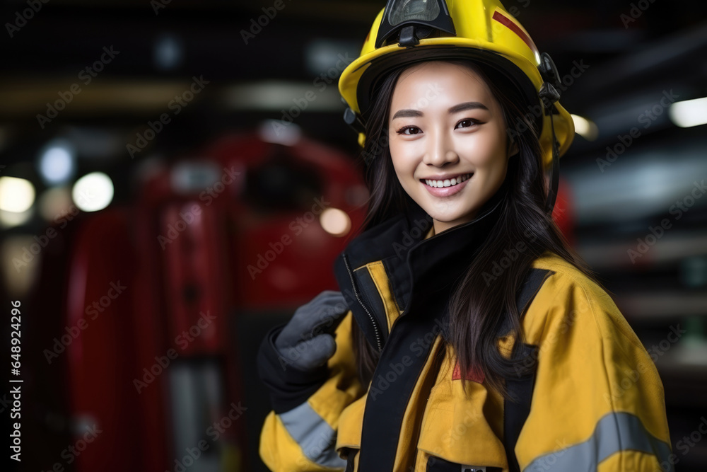 Beautiful Young Asian Woman Firefighter . Сoncept Promoting Inclusivity ...