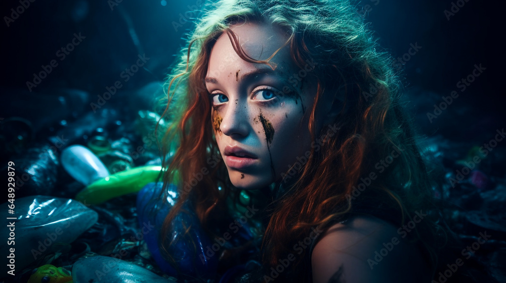 Young mermaid caught in the underwater marine pollution, victim of the ...