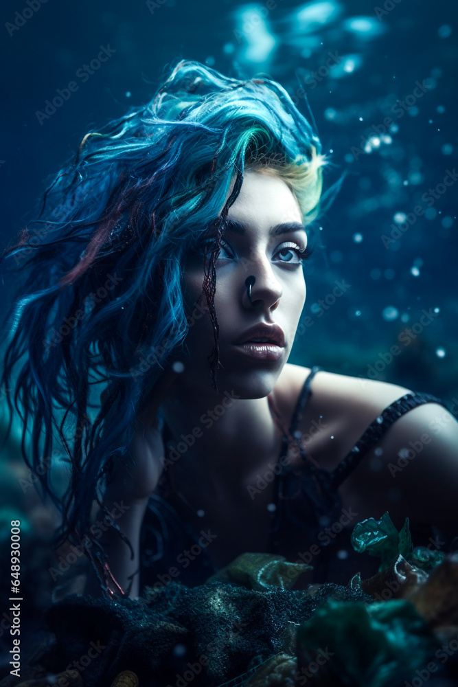Young mermaid caught in the underwater marine pollution with plastic ...