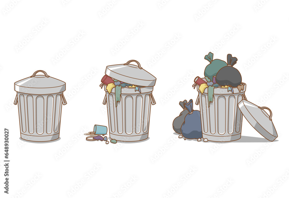 Vector illustration of empty trash can, full trash can, and overflowing ...