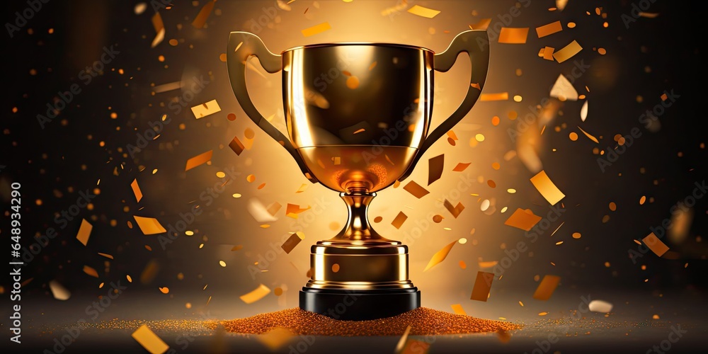 Triumphant victory cup. Golden champion trophy. Celebrating success ...