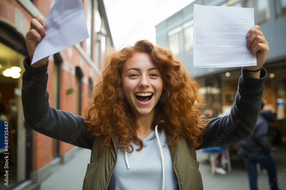 triumphant photo of a student holding an exam paper with high marks ...
