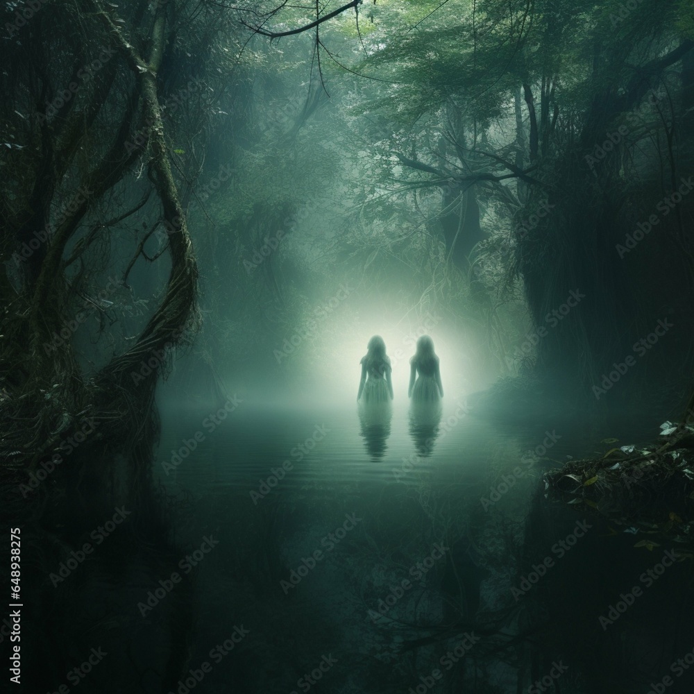 Mystical mysterious foggy forest, nymphs, mermaids or scary witches in ...