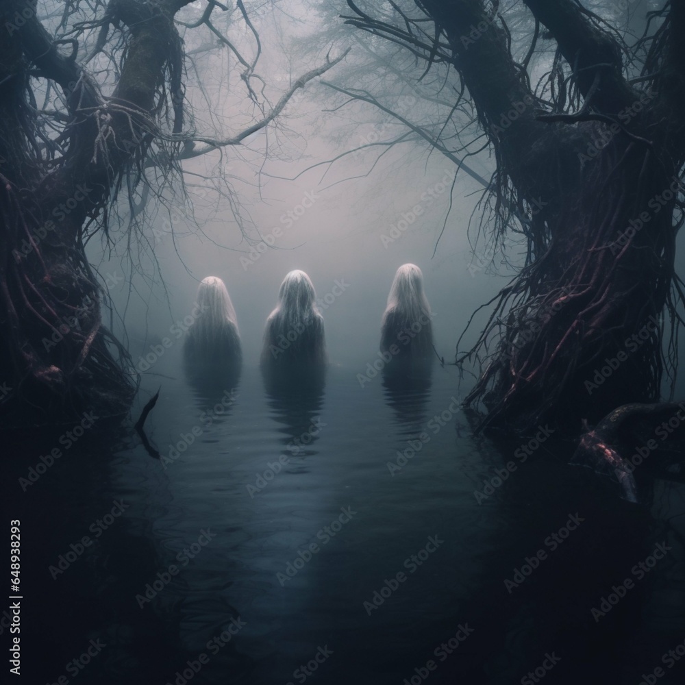 Mystical mysterious foggy forest, nymphs, mermaids or scary witches in ...