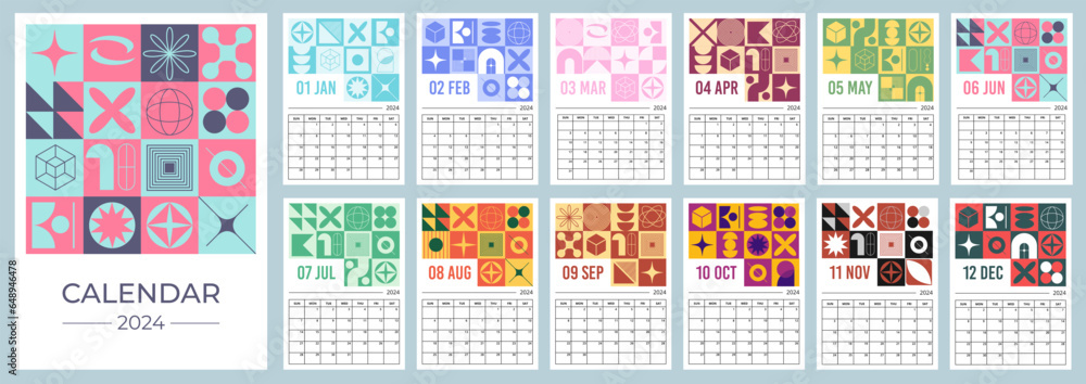 Calendar 2024 year template vertical pages Brutalist style design ...
