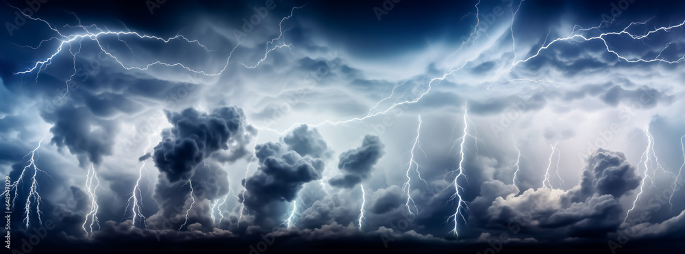Thunderous dark sky with black clouds and flashing lightning. Panoramic view. Concept on the ...