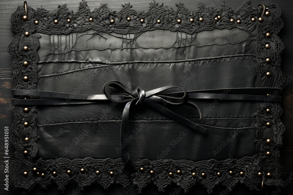 Black denim background with lace borders and small leather label made ...