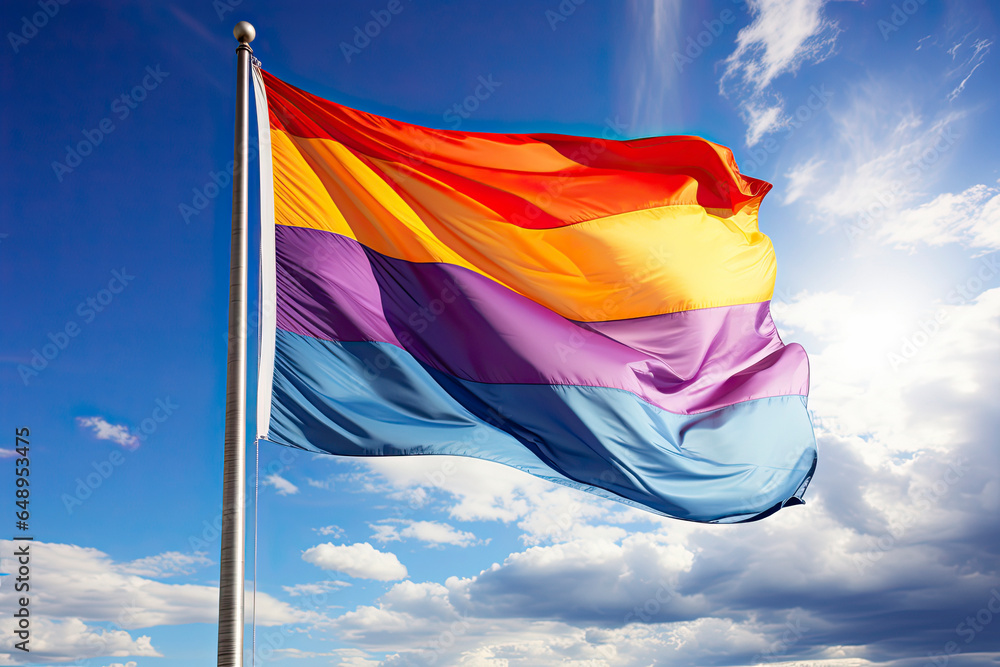 Realistic rainbow flag of an LGBT organization waving against a blue ...