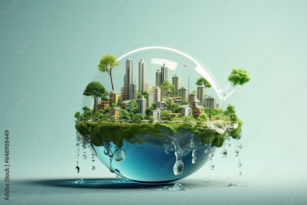 Drop of water falls from Earth in a water saving concept. Generative AI ...