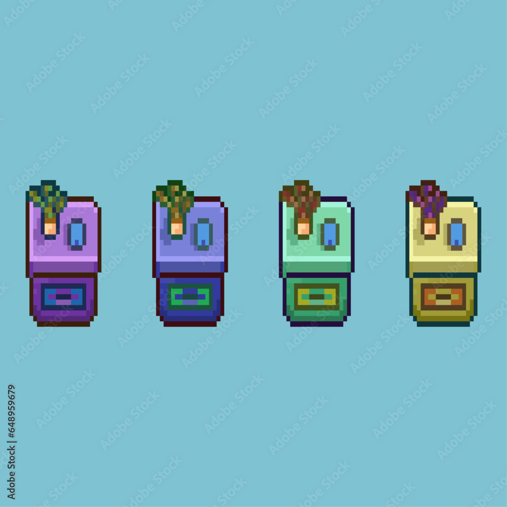 Pixel art sets of cabinet with variation color items asset. simple bits of cabinet on pixelated ...