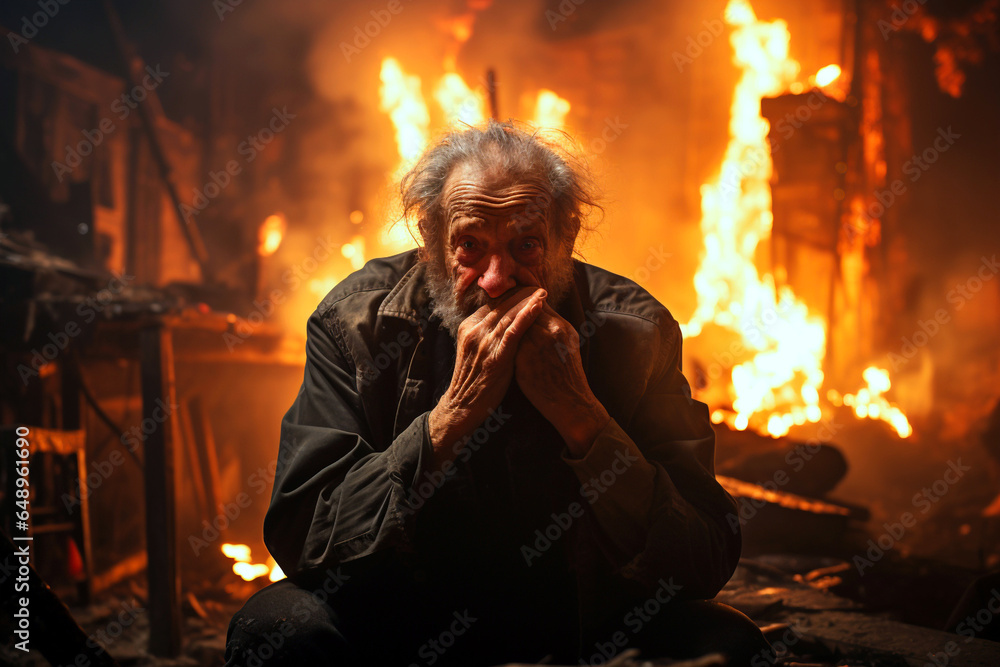 Senior old pentioner male man stress crying watching fire burning house ...