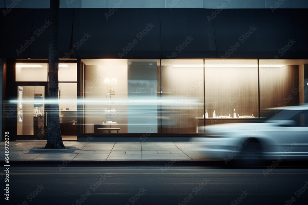 Shop boutique storefront and car in motion. Modern retail store or shop ...