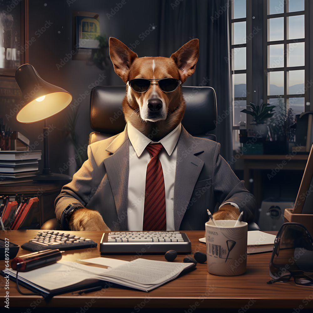 A big dog wears a suit and works at a desk. Cool, good looking ...
