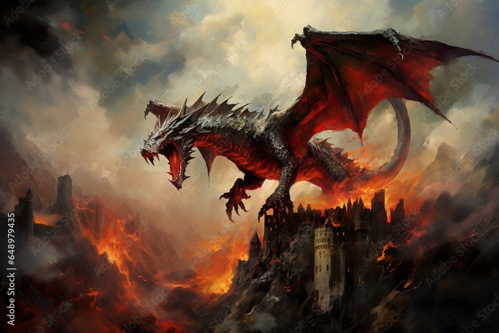 A menacing dragon, wings outstretched, reigns terror upon a city in ...