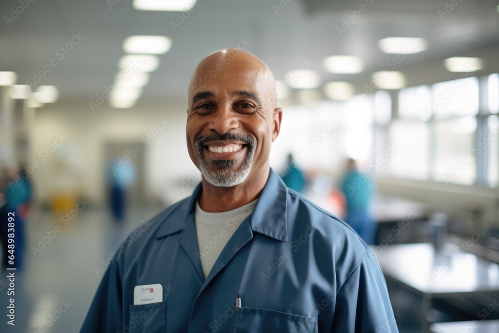Portrait of a smiling african american school janitor in a high school ...