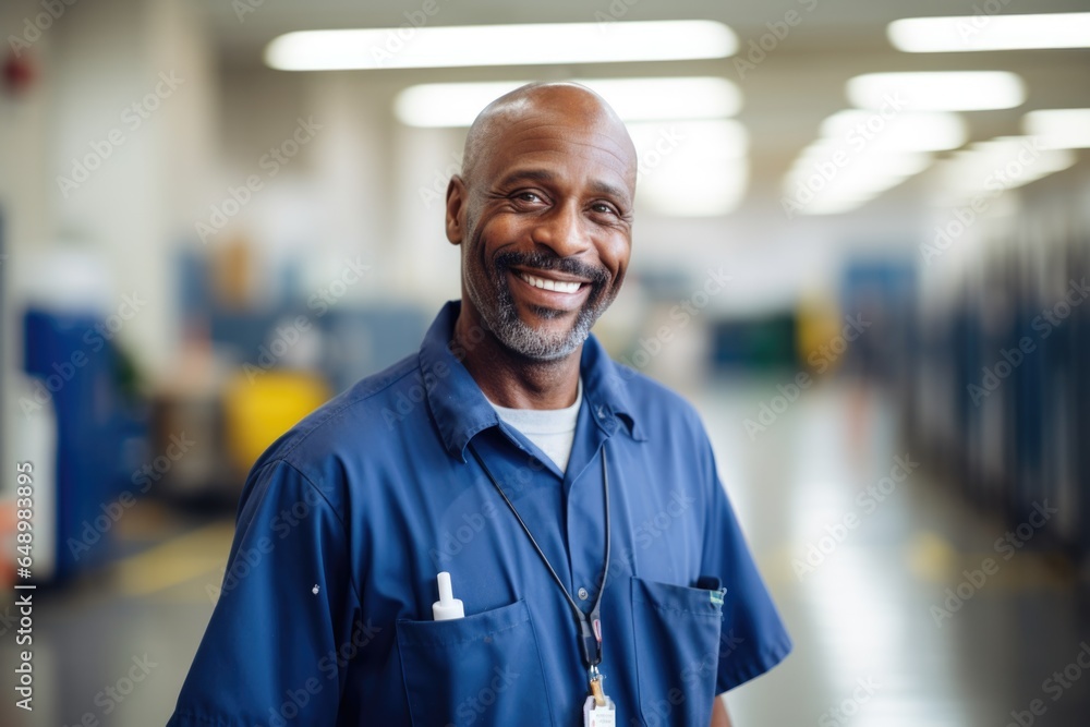 Portrait of a smiling african american school janitor in a high school ...