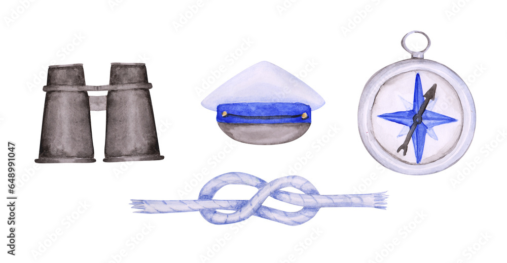 Compass, captain hat, binoculars, and nautical knot. Set of 4 maritime ...