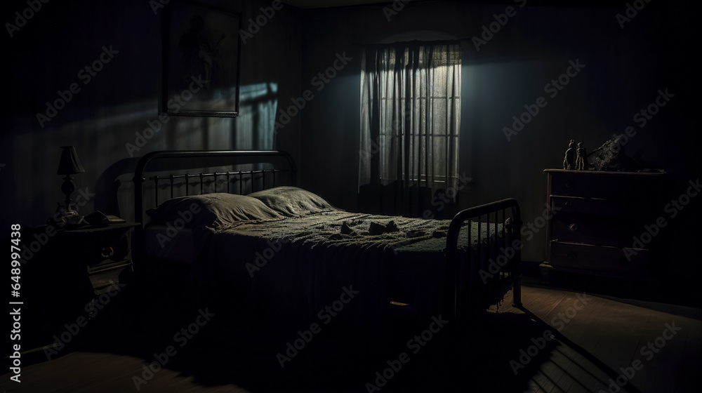 dark spooky room with an old bed, a nightmare and a ghost under the bed ...