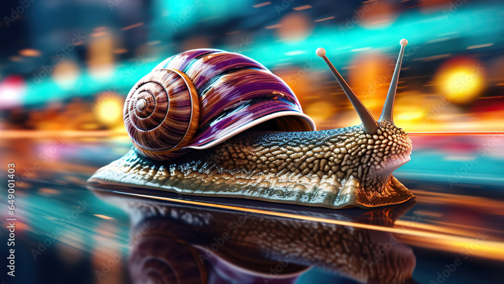 Fast snail racing with light trail, showing high speed on neon race ...