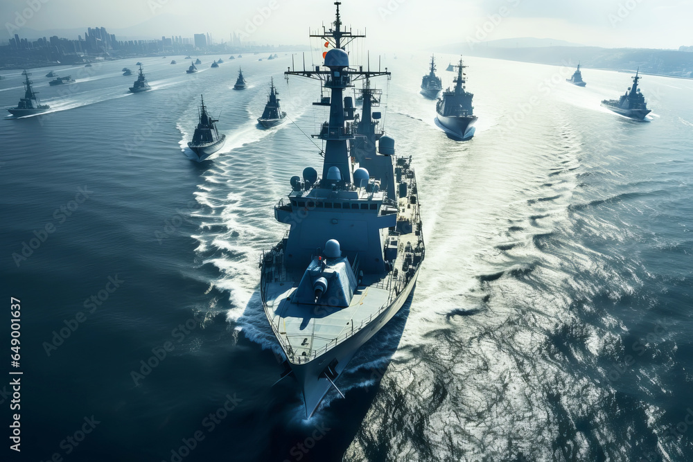 Foto de Modern military naval warships in open sea. Military naval ...