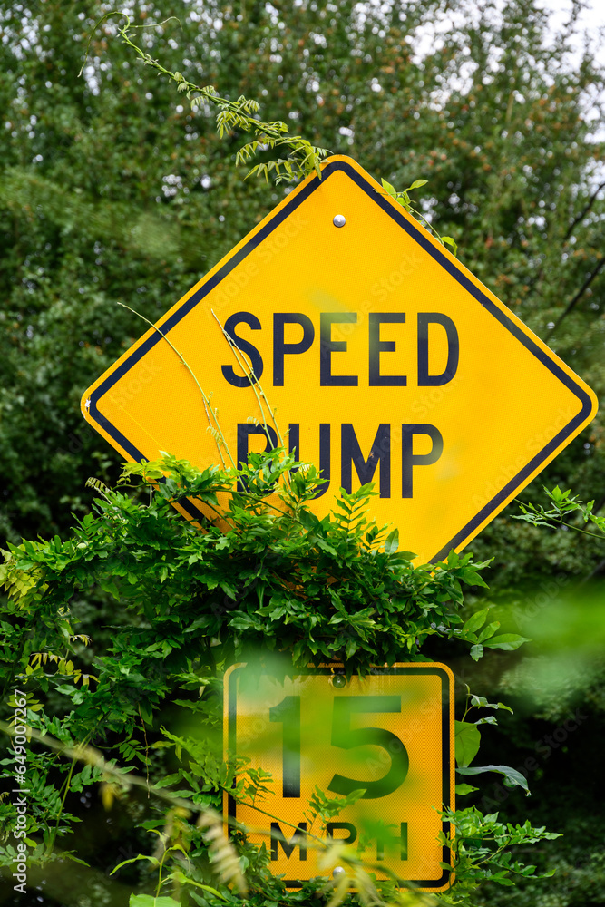 Traffic signs overgrown with plant vines, speed bump and 15 MPH ...
