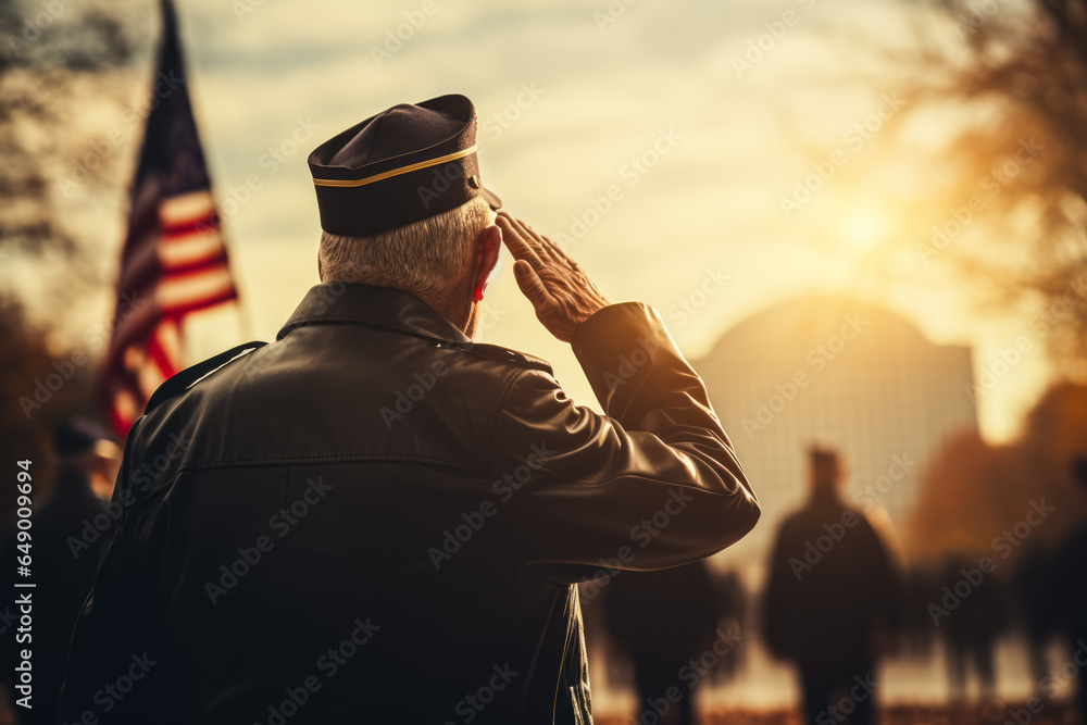 Patriotic veterans saluting in front of iconic US landmarks background ...