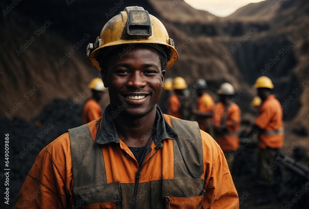 Bussines afro men coal mining smiling wearing helmet and mining outfit ...