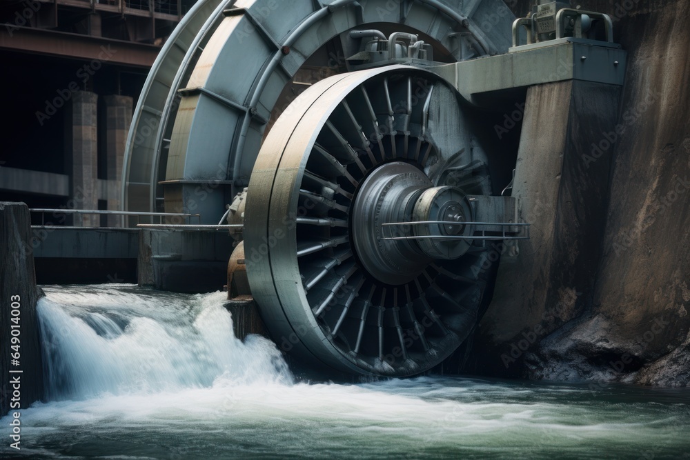 A detailed view of a water wheel located near a flowing river. This ...