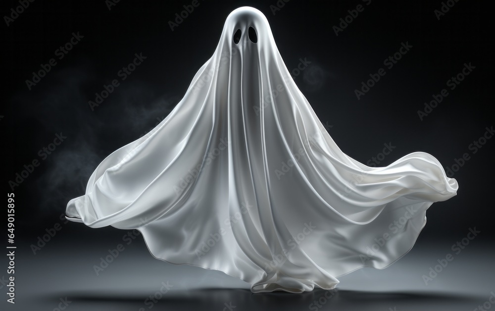 Image of a ghost in a white cape and with black painted eyes. Halloween ...