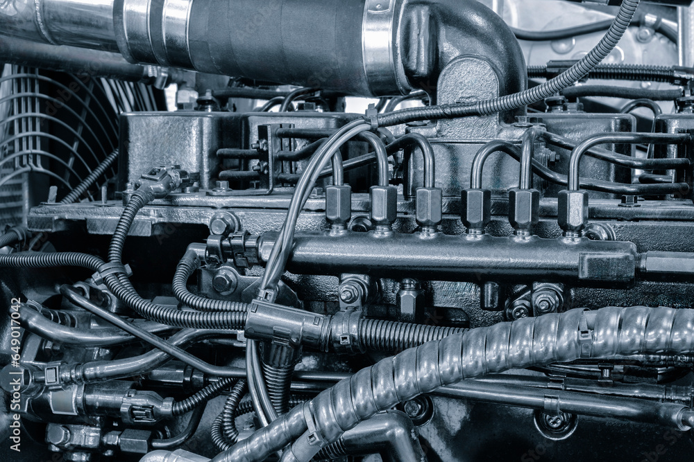 Black diesel engine. Fragment of a diesel motor close-up. Selective on ...