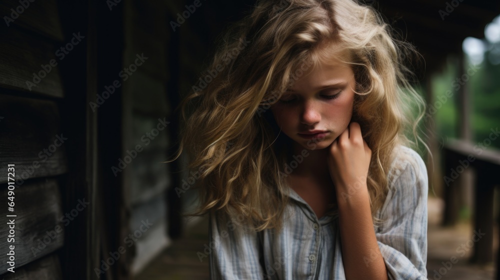 Young girl with beautiful blonde hair crying and feeling sad, sitting ...