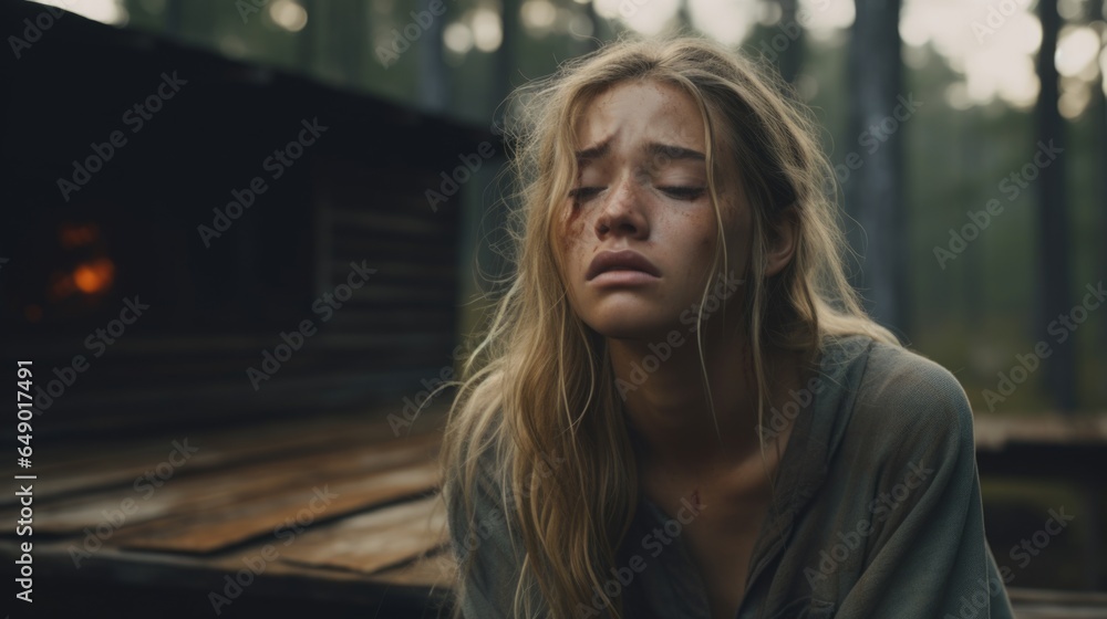 Young girl with beautiful blonde hair crying and feeling sad, sitting ...