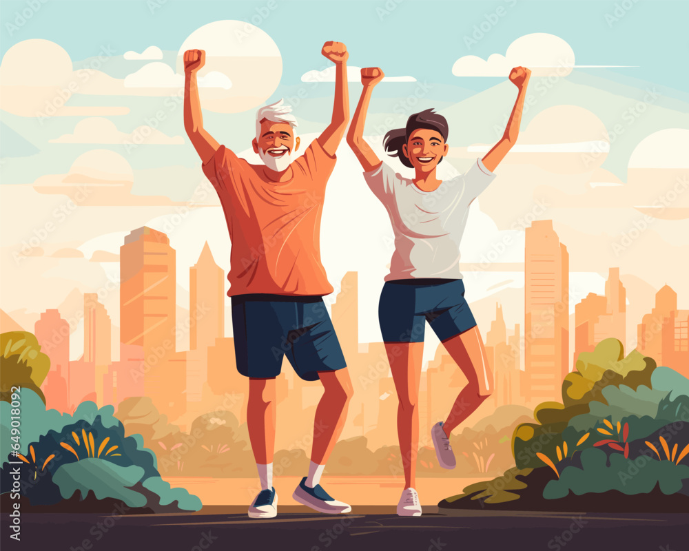 Senior Couple Male Female Characters Exercising at City Park. Outdoor ...