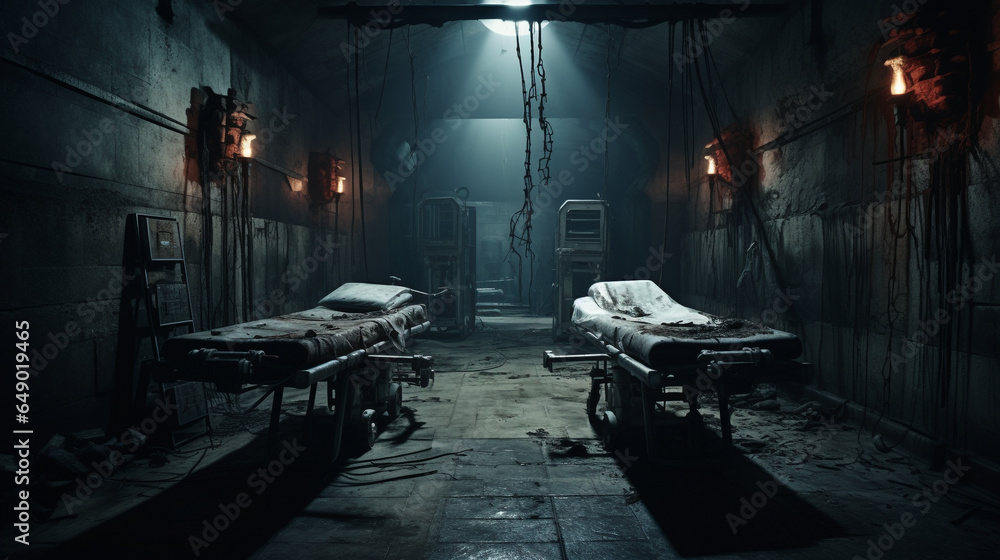 Abandoned insane asylum hospital beds in dark empty corridor Stock ...