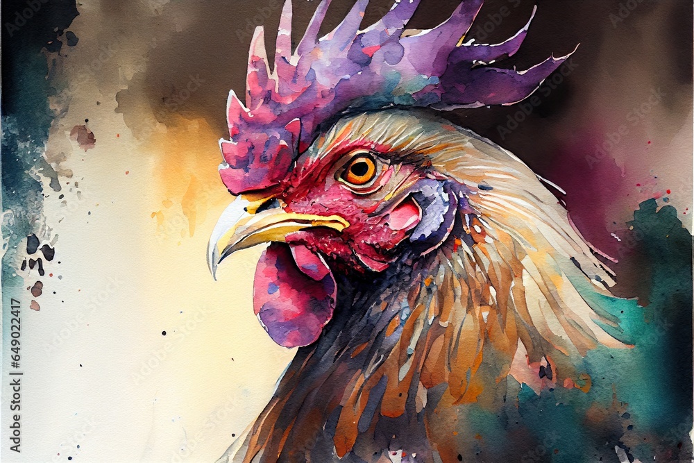 Rooster head profile aquarelle drawing with color smudge background ...