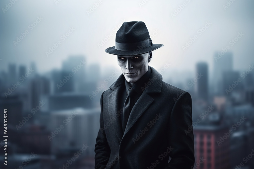 Sci-fi, UFO, alien, man in black and extraterrestrial concept. Scary ...