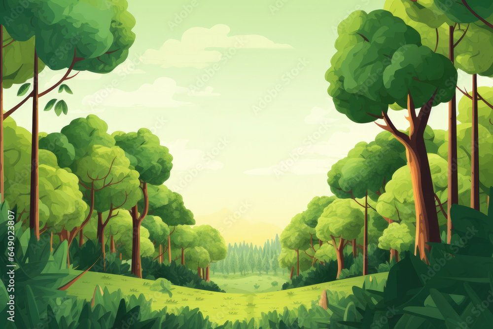 Cartoon illustration depicting green forest scene. This image can be ...