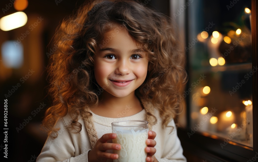 Cute little girl kid holding a cup of milk, feel happy enjoy drinking ...