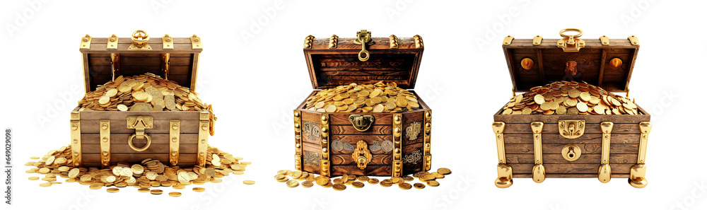 set of three chests with gold coins, pirate chest with jewelry ...