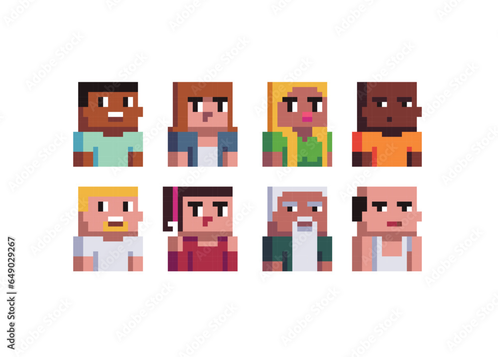 Big set of square avatars. Pixel art style. Vector illustration Stock ...