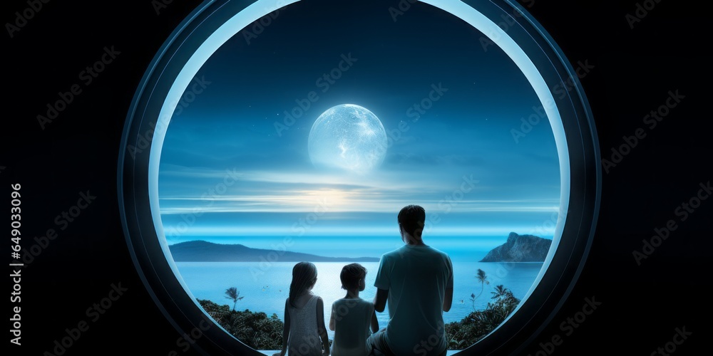 A Family Looking Out of a Round Window at Earth and the Universe ...