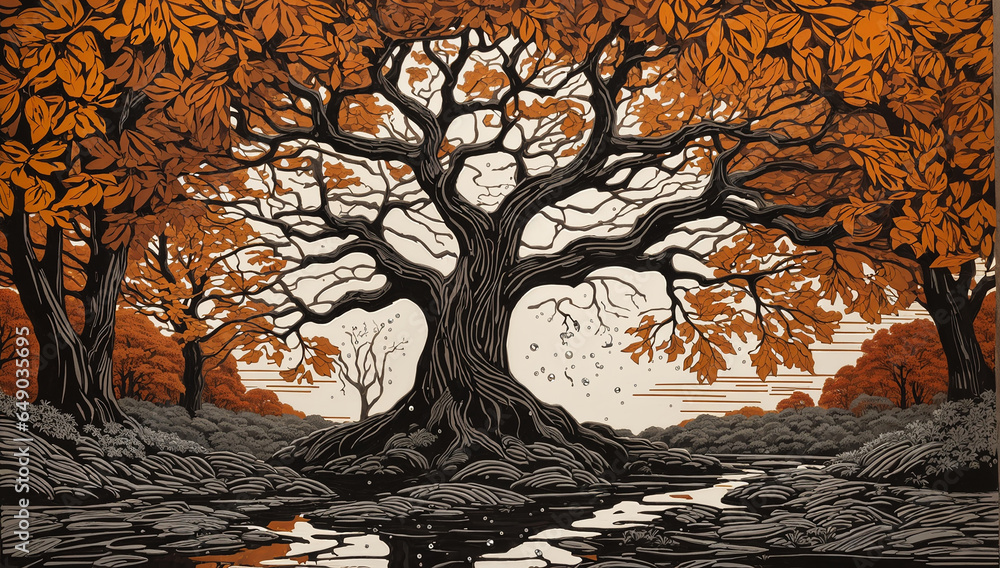 A linocut artwork that captures the essence of autumn within an ancient ...