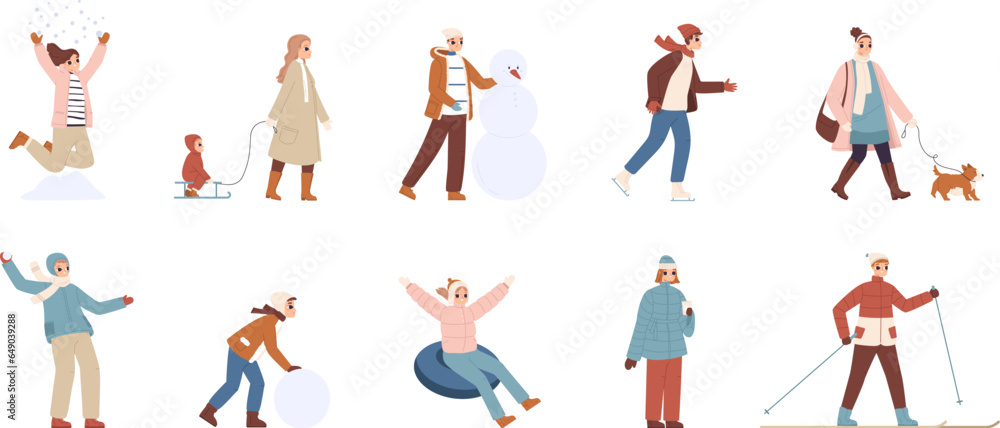 People winter activity, skate and ski. Happy girl jump in snow, holiday ...