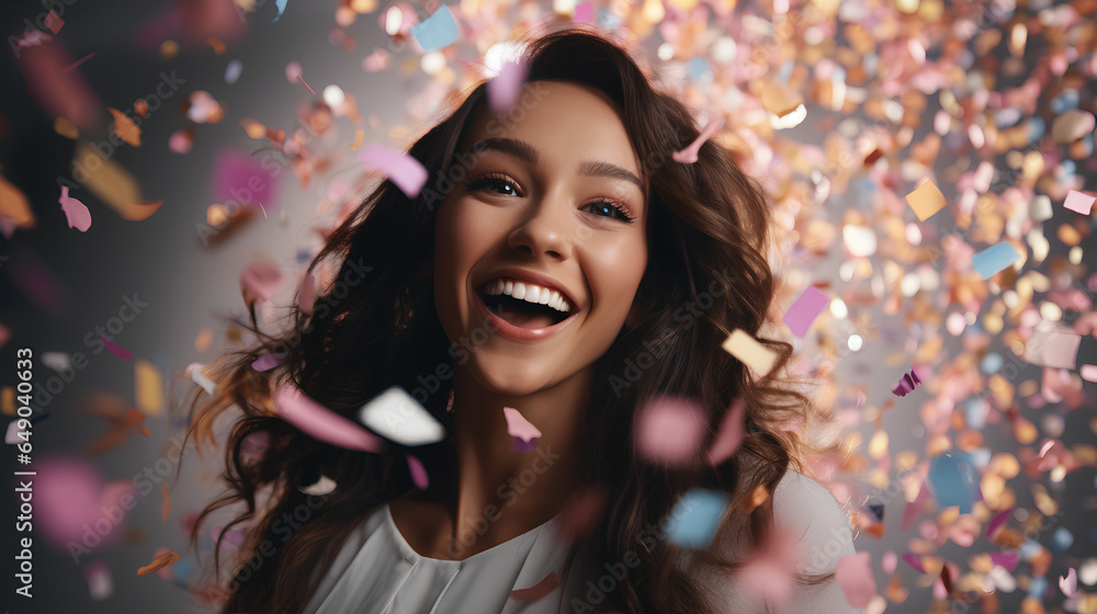 Beautiful happy woman at celebration party with confetti falling ...
