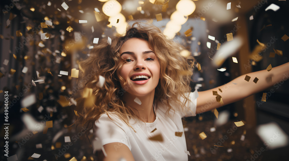 Beautiful happy woman at celebration party with confetti falling ...